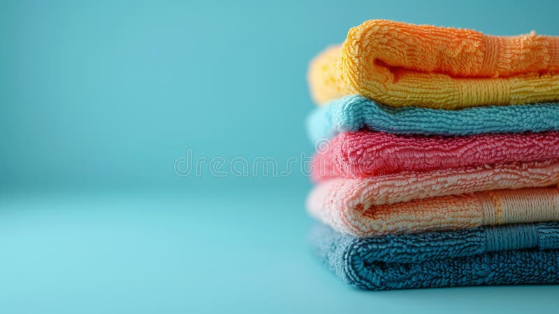 Stack of Colorful Folded Towels on a Light Blue Background Stock Image ...