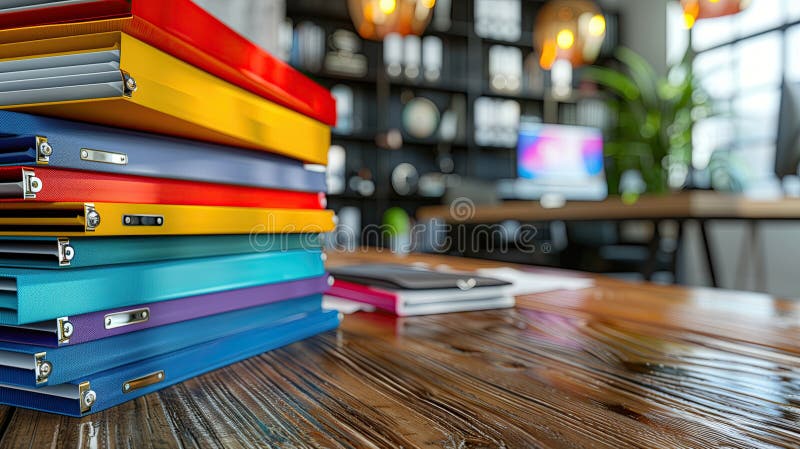 A Stack of Colorful Folders and Documents on a Wooden Desk in an Office ...