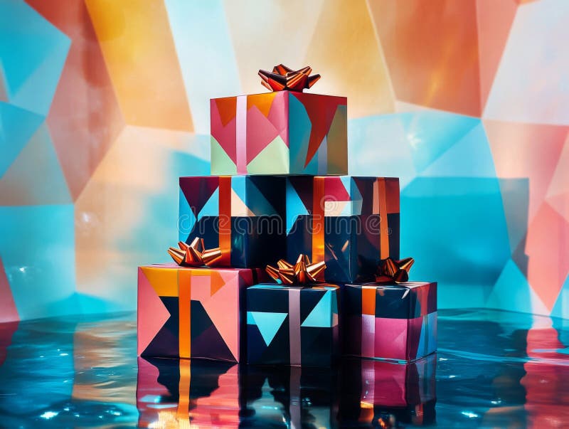 Stack of Colorful Geometric Pattern Gift Boxes with Bows on Reflective ...