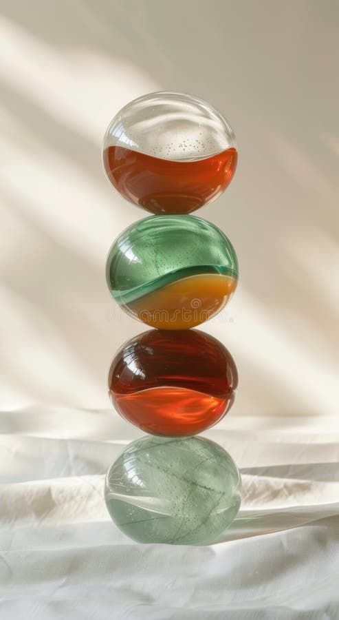 Stack of Colorful Glass Spheres in Shades of Red, Green, and Clear on a ...