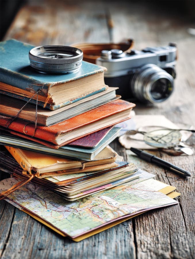 Travel Guidebooks and Notes Stacked on Rustic Table with a Camera and ...