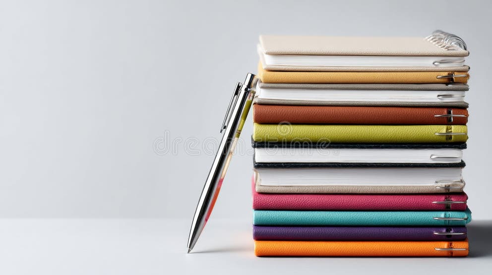 Stack of Colorful Journals with a Pen on a Clean White Surface for ...