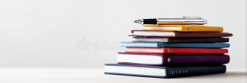 Stack of Colorful Journals with a Sleek Pen Resting on Top Sitting in a ...