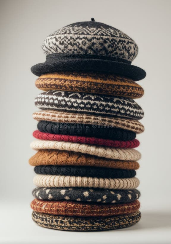 Stack of Colorful Knitted Berets on White Background Stock Illustration ...