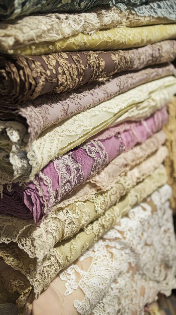 Stack of Colorful Lace Fabrics in Various Textures and Patterns ...