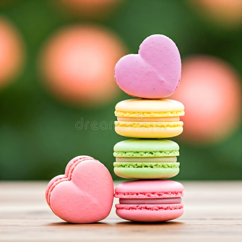 A Stack of Colorful Macarons, Including Heart Shapes, Against a Blurred ...