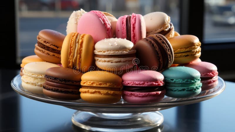 A Stack of Colorful Macaroons on a Glass Tray. Generative AI. Stock ...