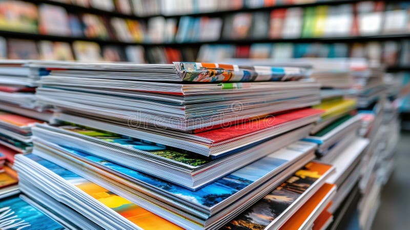 Stack of Colorful Magazines in a Bookstore with a Blurred Bookshelf ...