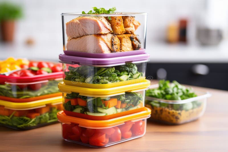 Stack of Colorful Meal Prep Containers with Various Foods Stock Image ...