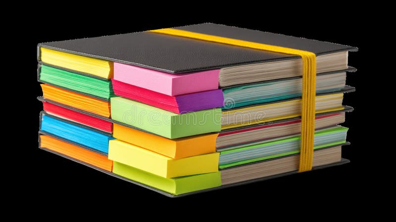 Stack of Colorful Notebooks with Bookmarks and Elastic Band on ...