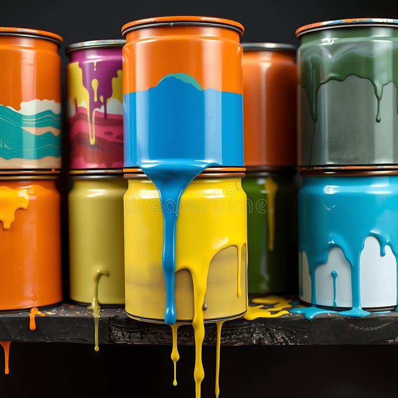 A Stack of Colorful Paint Cans with Drips of Paint Running Down Stock ...