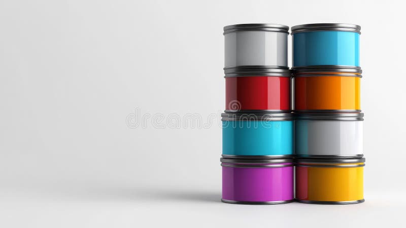 Stack of Colorful Paint Cans on White Background with Metallic Lids ...