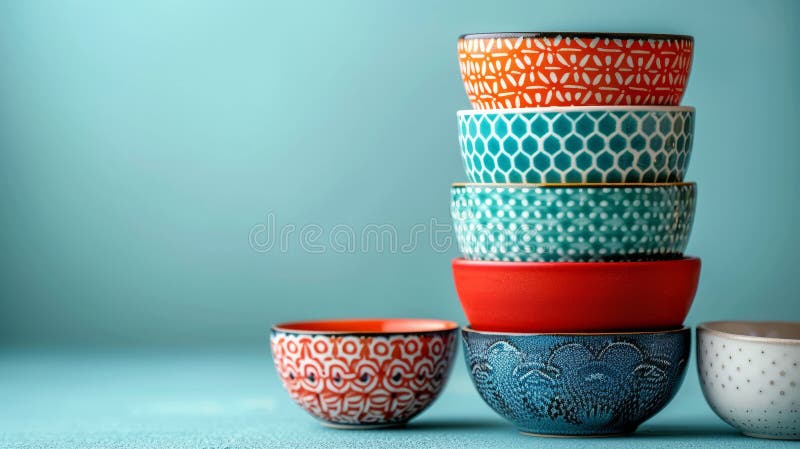 Stack of Colorful Patterned Ceramic Bowls on a Blue Background. Stock ...