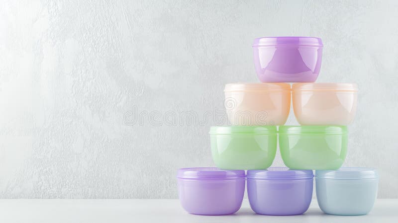 Stack of Colorful Plastic Containers with Lids Forming a Pyramid on ...