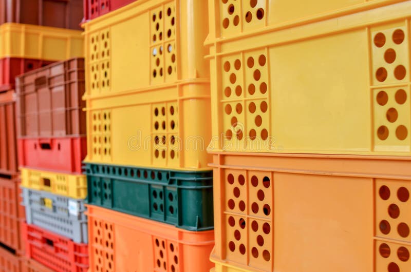 Stack of Colorful Plastic Crates or Boxes for Transporting Bakery and ...