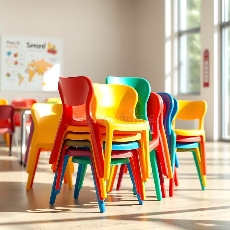 A Stack of Colorful Plastic Kids Chairs in a Classroom Setting Bathed ...