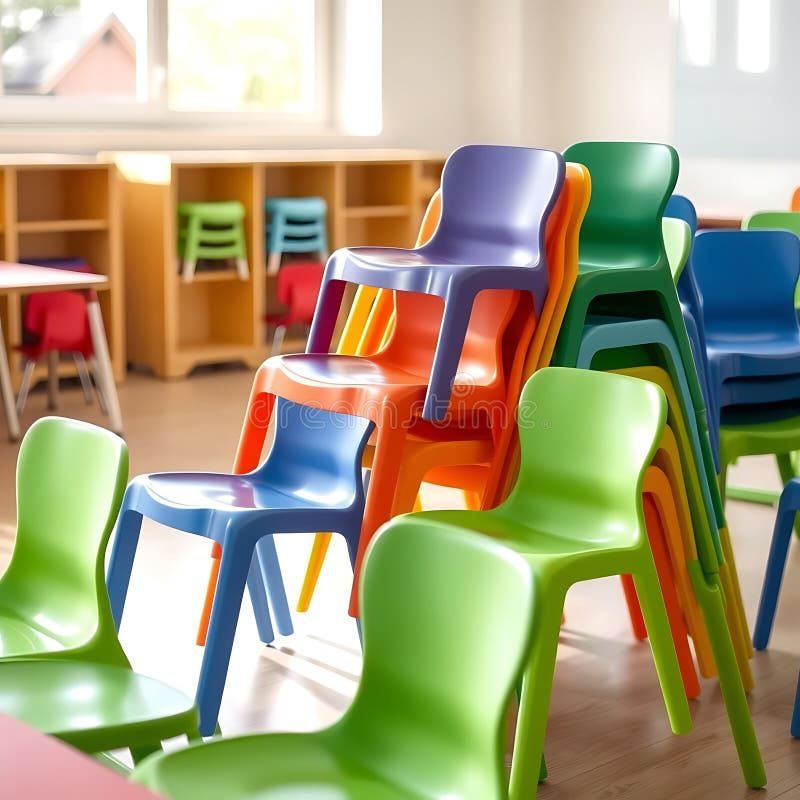 A Stack of Colorful Plastic Kids Chairs in a Classroom Setting Bathed ...