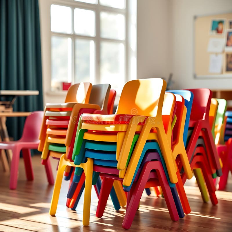 A Stack of Colorful Plastic Kids Chairs in a Classroom Setting Bathed ...