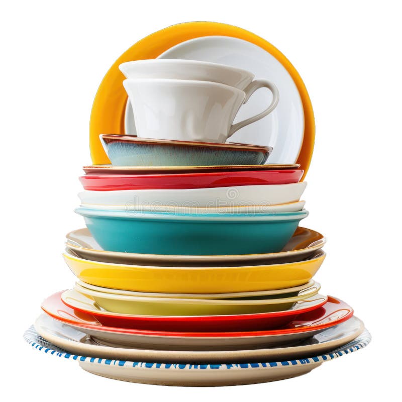 Stack of Colorful Plates and Bowls Forming a Tower on White Background ...