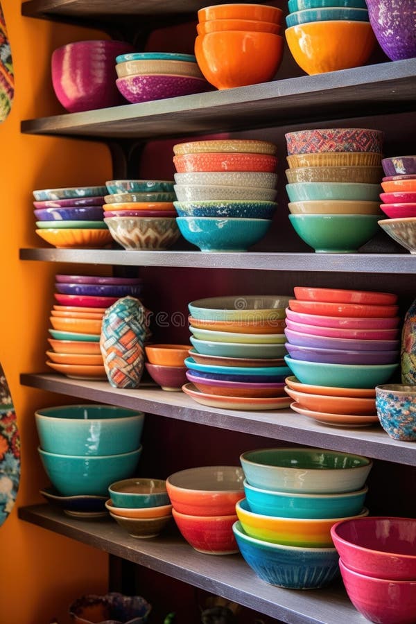 A Stack of Colorful Plates and Bowls on an Open Shelf Stock ...