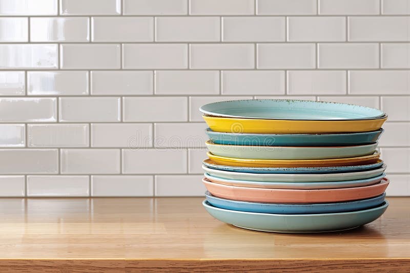 Stack of Colorful Plates Sitting on Wooden Countertop in Modern Kitchen ...