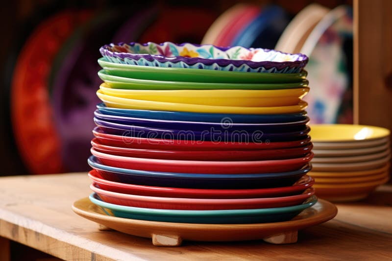 Stack of Colorful Plates on Wooden Dish Rack Stock Illustration ...