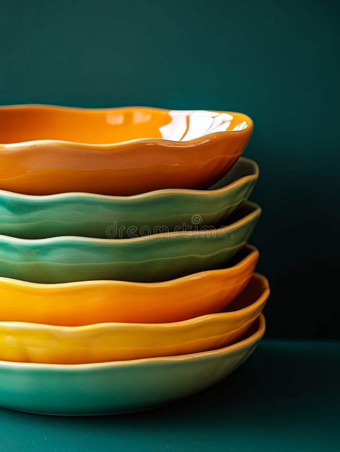 Stack of Colorful Plates in Yellow and Green on a Dark Green Background ...