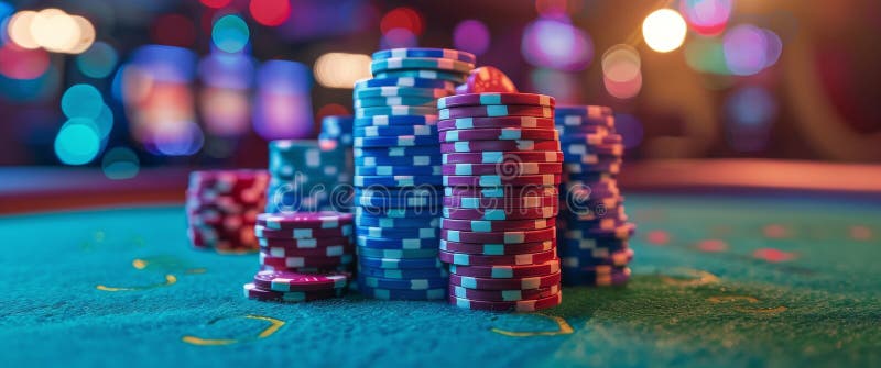 Pile of Poker Chips on Green Table Stock Image - Image of winning ...