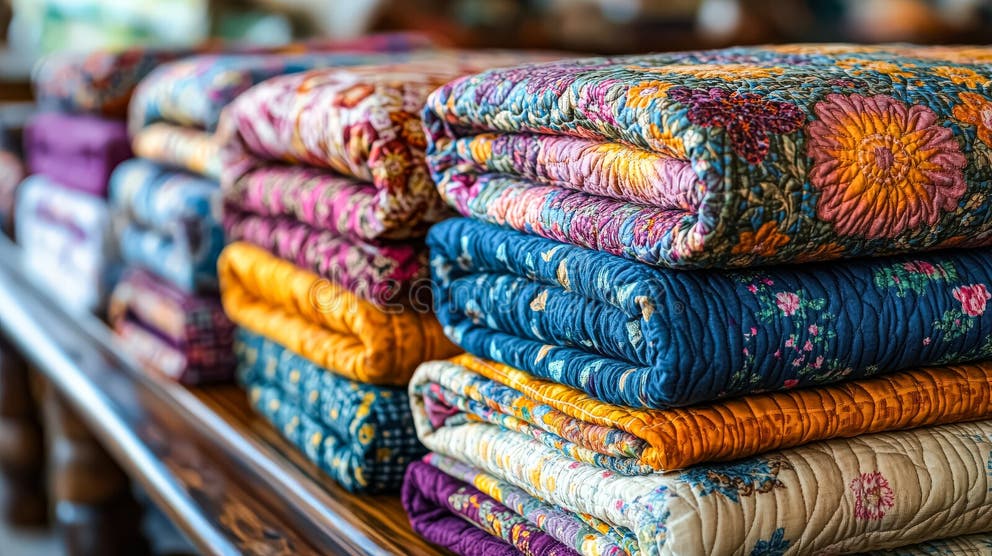 Stack of Colorful Quilts on a Table Stock Image - Image of sale, neat ...