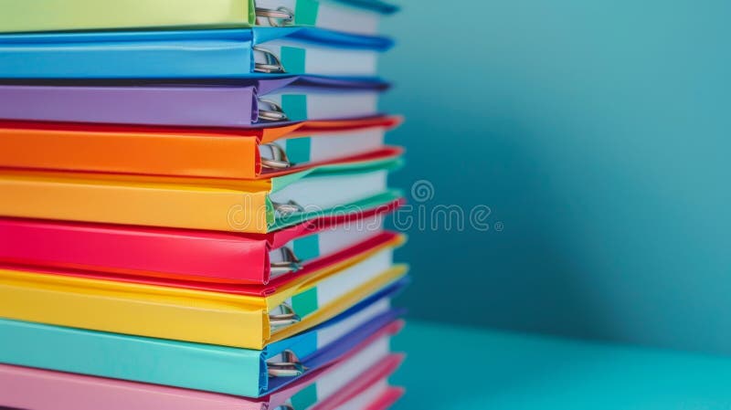Stack of Colorful Ring Binders Against Blue Background, Office Supplies ...