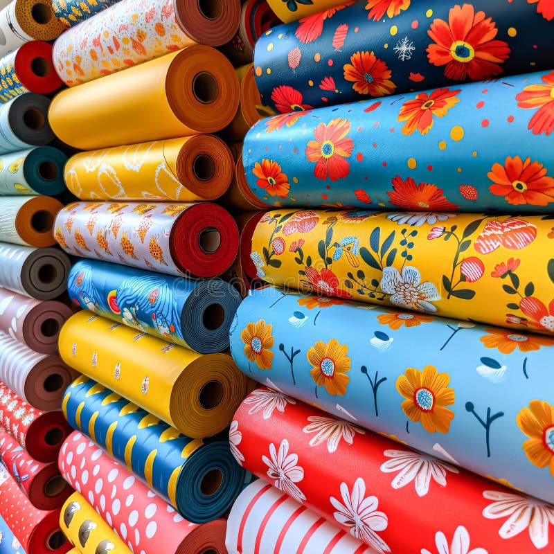 A Stack of Colorful Rolls of Fabric with Floral Designs Stock Image ...