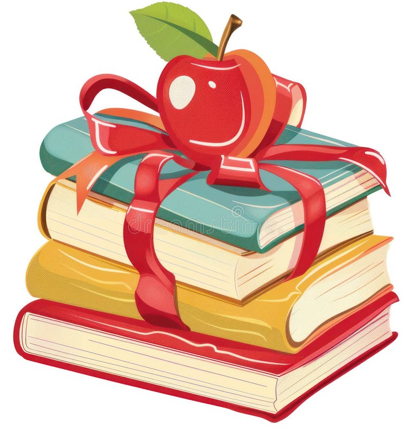 Stack of Colorful School Books with a Red Apple and Ribbon Stock ...