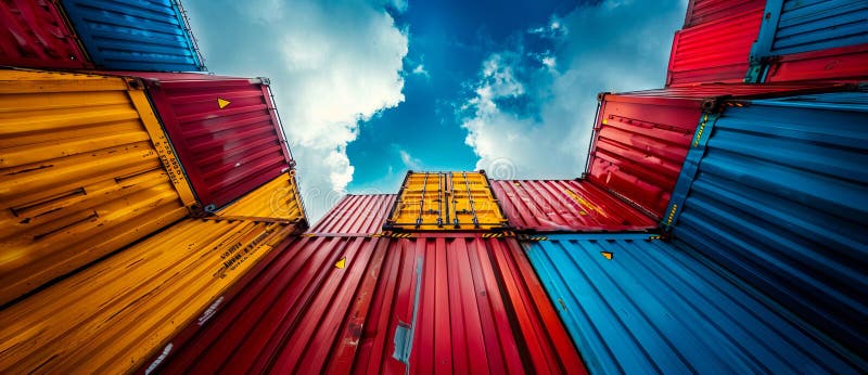 A Stack of Colorful Shipping Containers Against a Blue Sky Stock Image ...