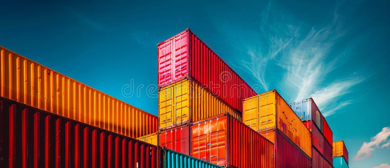 A Stack of Colorful Shipping Containers Against a Blue Sky Stock Photo ...