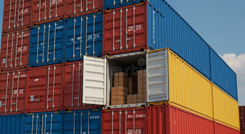 Stack of Colorful Shipping Containers, Primarily Red, Blue, and Yellow ...