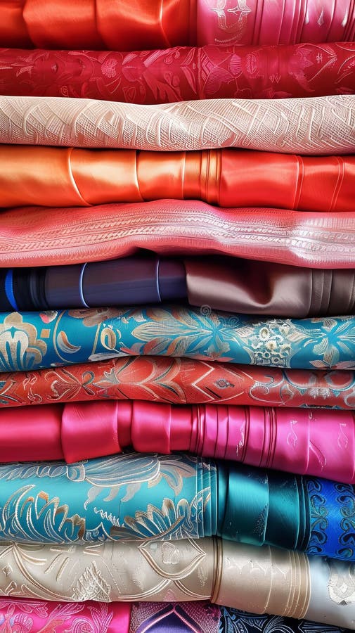 Stack of Colorful Silk Fabrics with Intricate Patterns, Textile Design ...