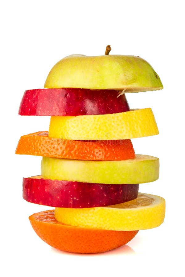Stack of Colorful Sliced Fruit with Apple and Orange Stock Photo ...