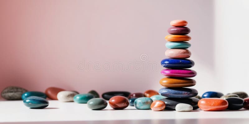 Stack of Colorful Smooth Stones on Pink Background. Stock Photo - Image ...