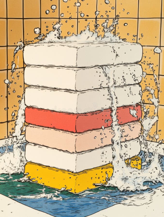 Stack of Colorful Soap Bars with Water Splashing in Cartoon-style ...