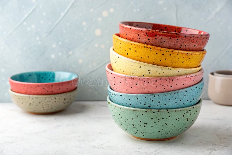 Stack of Colorful Speckled Ceramic Bowls on a Light Surface - Generated ...