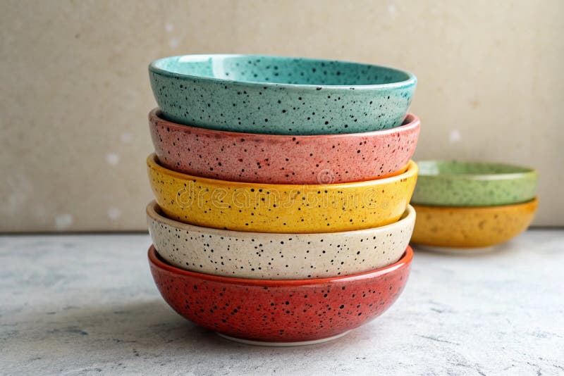 Stack of Colorful Speckled Ceramic Bowls on a Light Surface - Generated ...