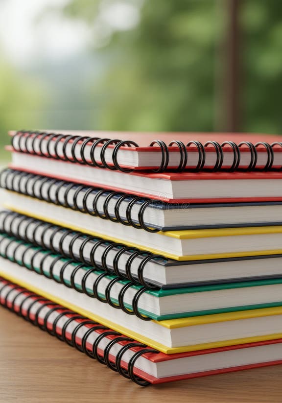 Stack of Colorful Spiral Notebooks on Wooden Desk Stock Illustration ...