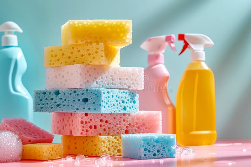 Stack of Colorful Sponges and a Bottle of Cleaning Solution Stock Photo ...
