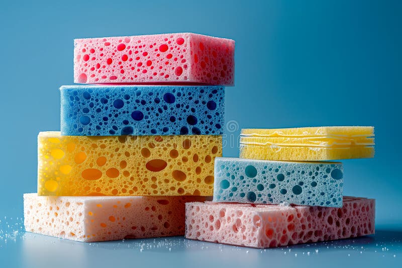 Stack of Colorful Sponges and a Bottle of Cleaning Solution. Stock ...
