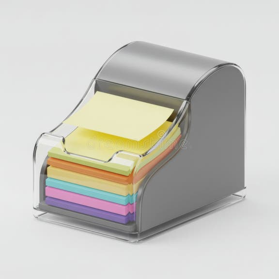 Stack of Colorful Sticky Notes in Clear Plastic Holder on White ...