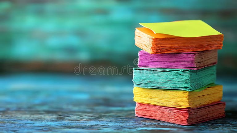 Stack of Colorful Sticky Notes on Distressed Blue Wood Background for ...