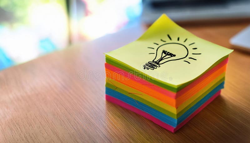 Stack of Colorful Sticky Notes with Doodles of Lightbulbs and Arrows ...