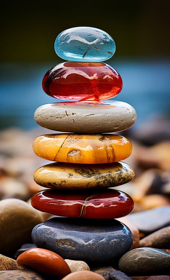 Stack of Colorful Stones. a Stack of Pebbles in Front of a Lake Stock ...