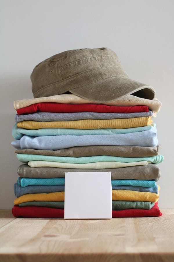 Stack of Colorful T-shirts with a Cap and a Blank Box on Wooden Table ...