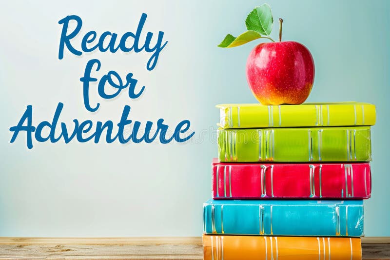 Stack of Colorful Textbooks with Apple and Text Ready for Adventure ...